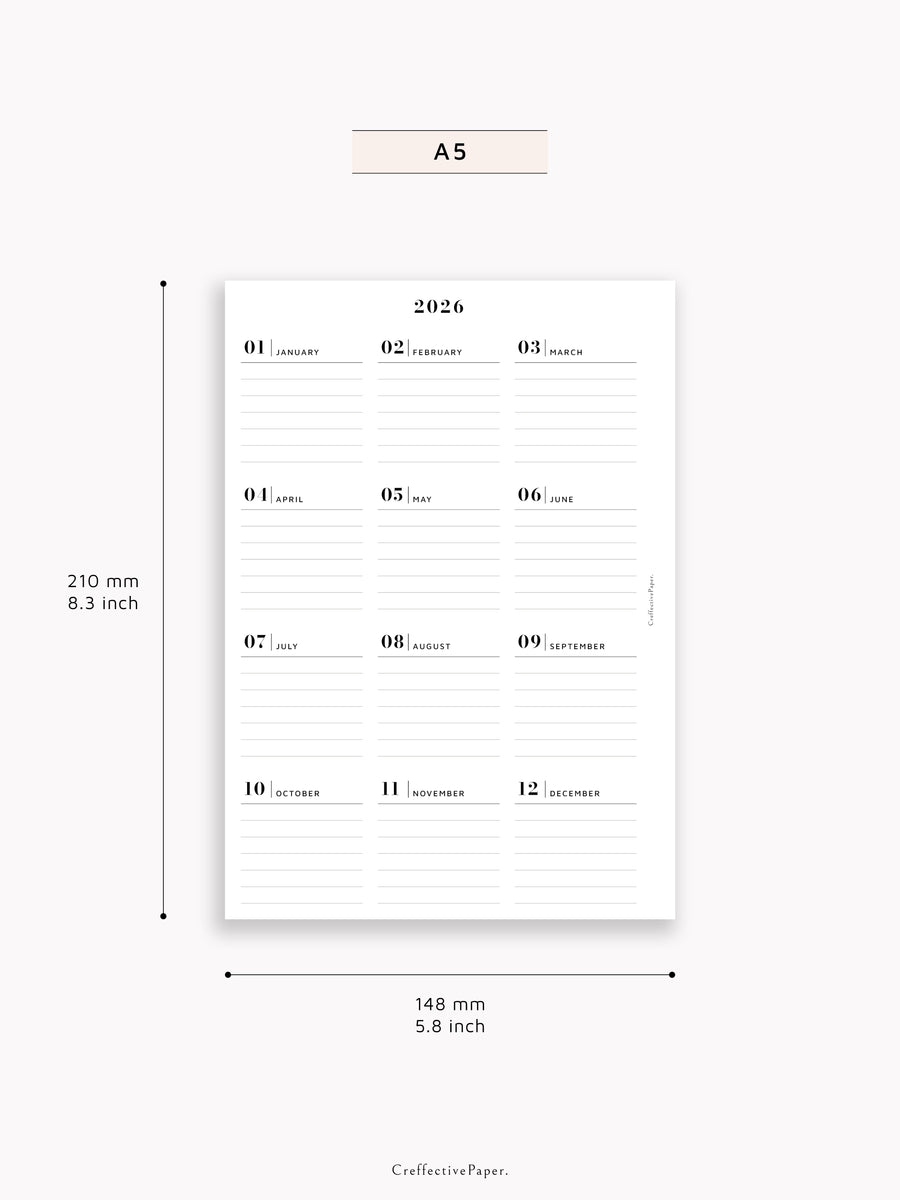 Y115_2026 | 2026 Calendar with Monthly Blank Page – CreffectivePaper