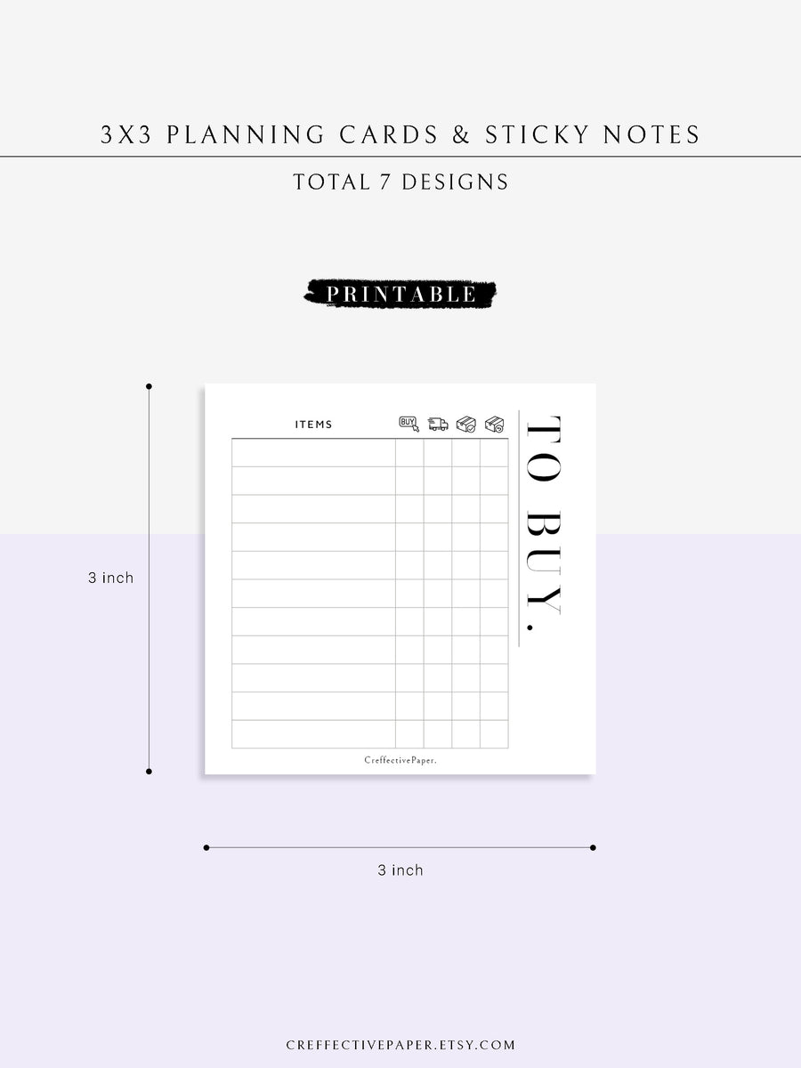 N124 | Printable Planning Cards & Sticky Notes Template 3x3 ...