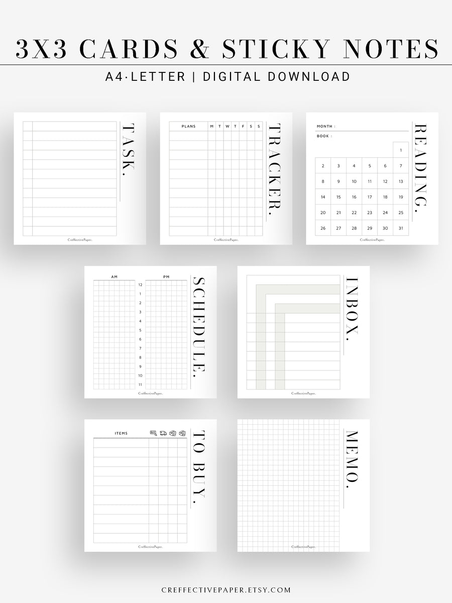 N124 | Printable Planning Cards & Sticky Notes Template 3x3 ...