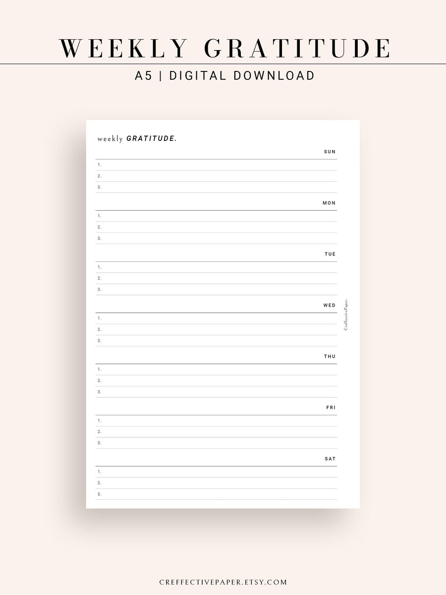 W103 | Minimal Weekly Gratitude Journal Printable Template Inserts ...