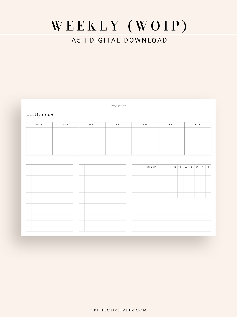 W127 | Horizontal Weekly Planner, Week on a Page – CreffectivePaper