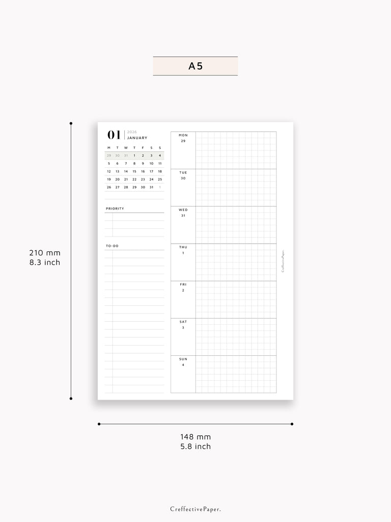W108_G_WO1P_2026 | 2026 Weekly Planner, Grid – CreffectivePaper