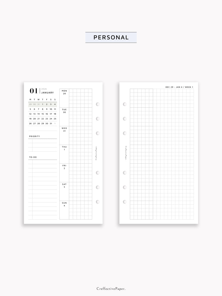 W108_G_WO2P_2026 | 2026 Weekly Planner, Grid – CreffectivePaper