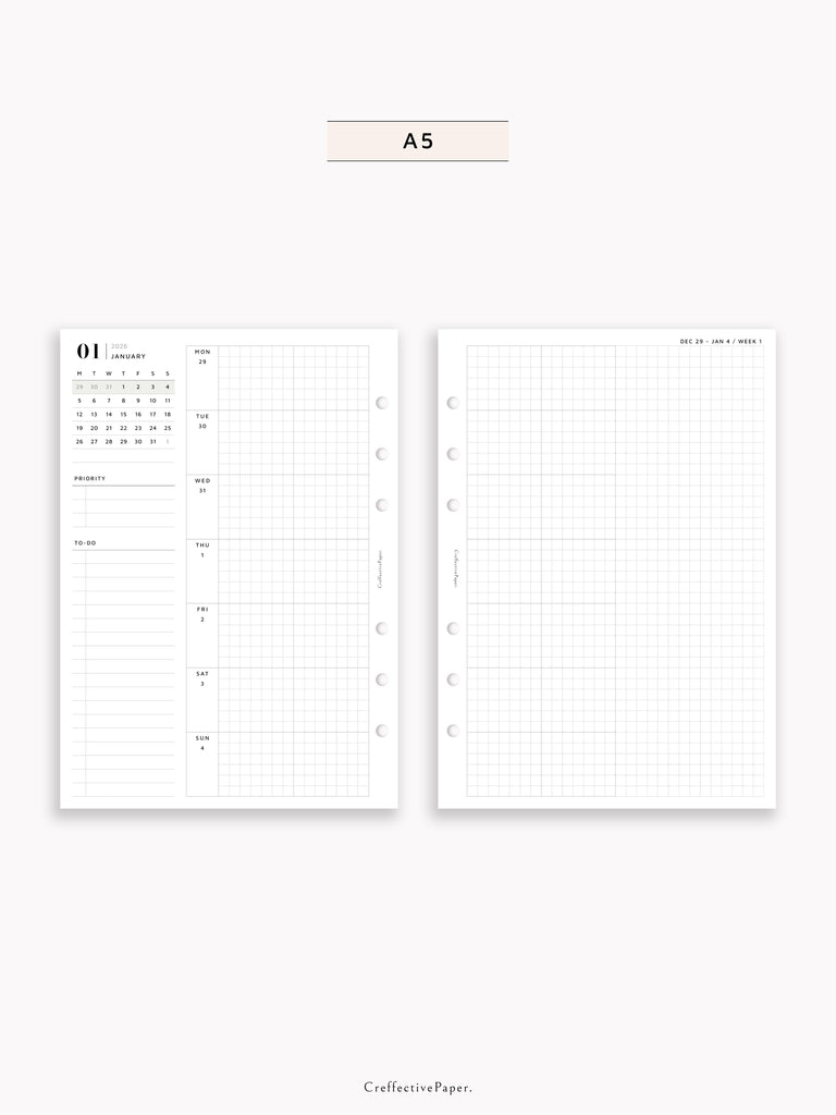 W108_G_WO2P_2026 | 2026 Weekly Planner, Grid – CreffectivePaper