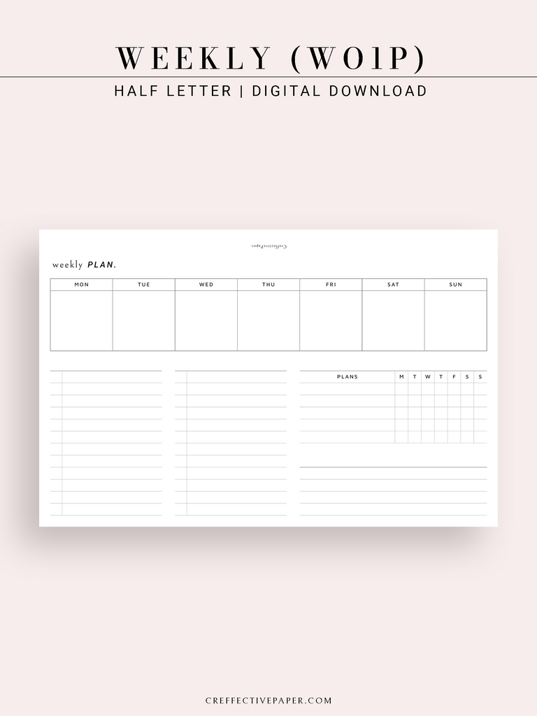 W127 | Horizontal Weekly Planner, Week on a Page – CreffectivePaper