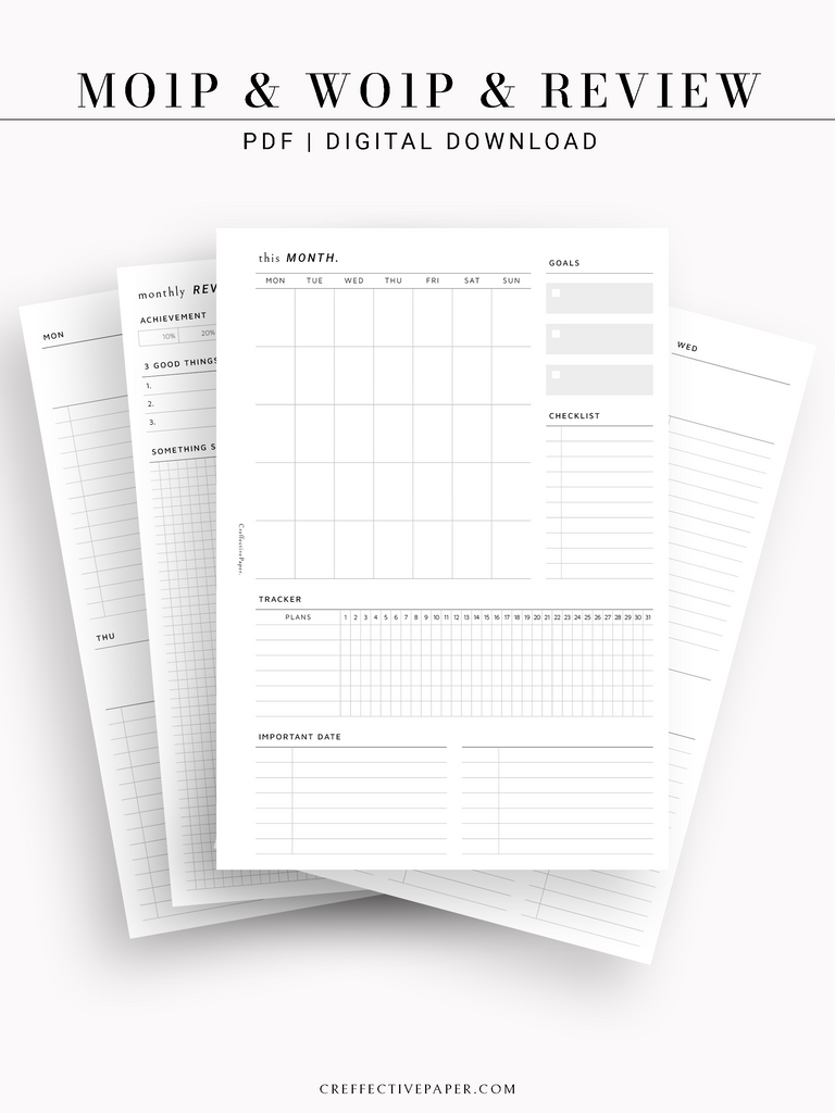 W118 | Monthly+Weekly+Review Total Planner Inserts Template, Monday St ...