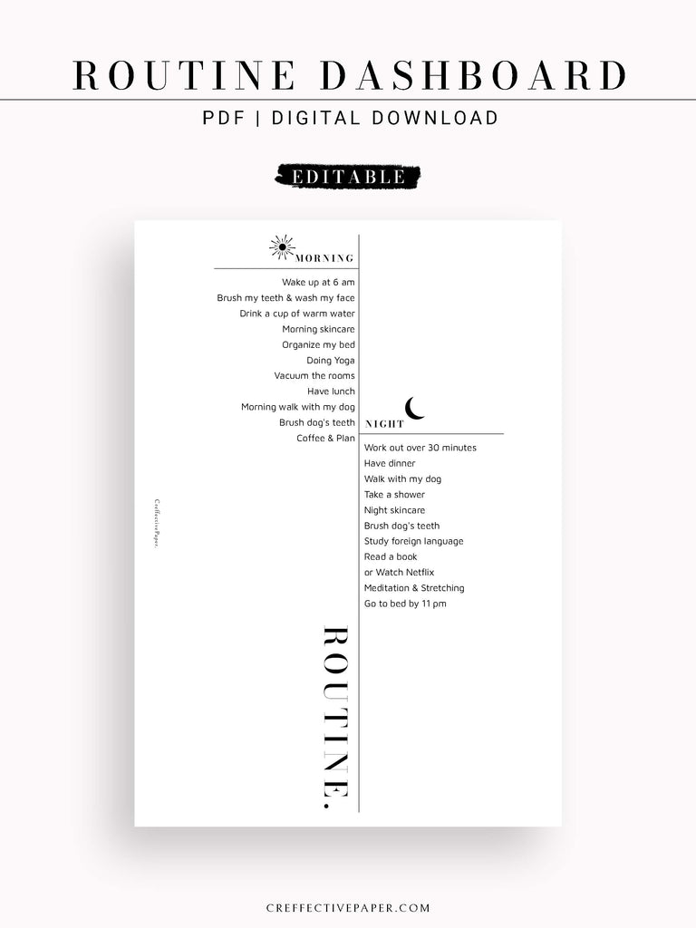 DA107 | Morning & Night Routines Dashboard, Editable PDF – CreffectivePaper