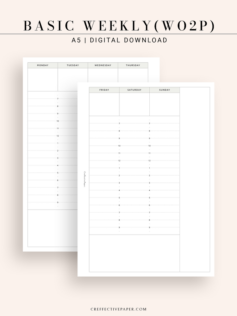 W120 | Basic Weekly Schedule Planner, Week on Two Pages – CreffectivePaper