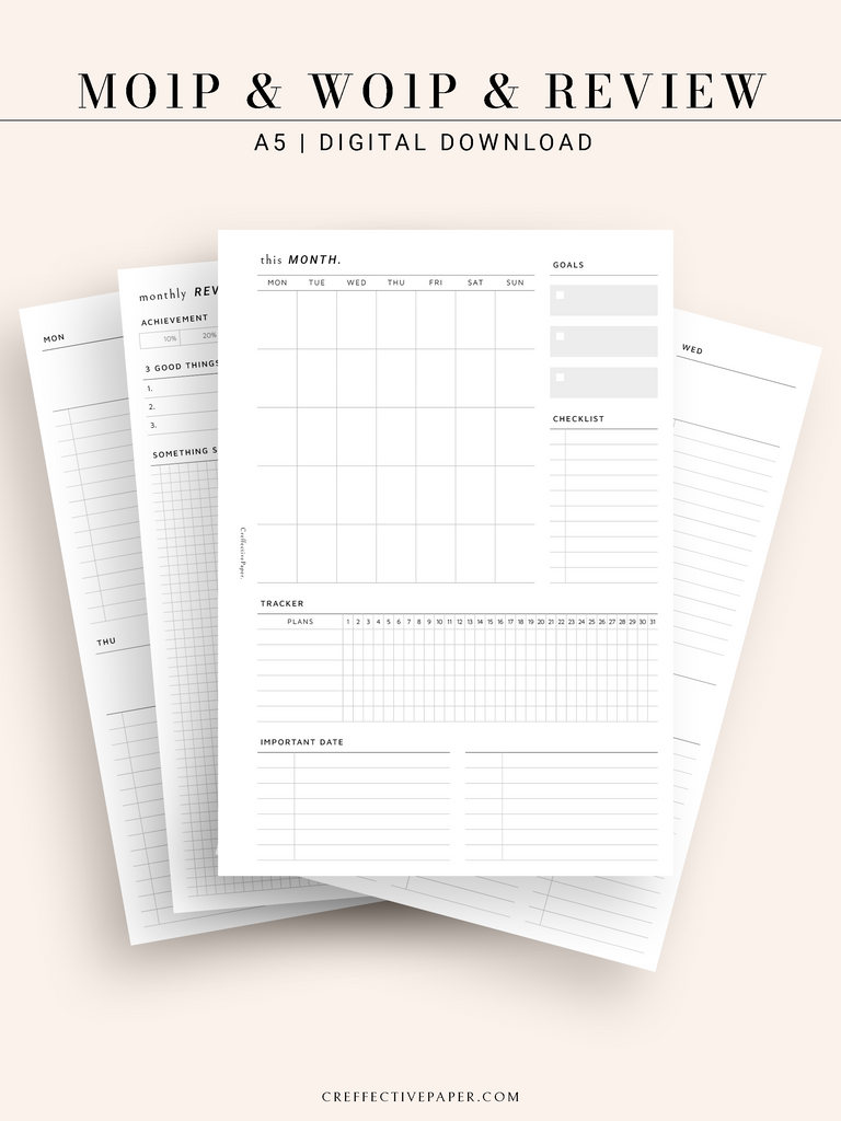W118 | Monthly+Weekly+Review Total Planner Inserts Template, Monday St ...