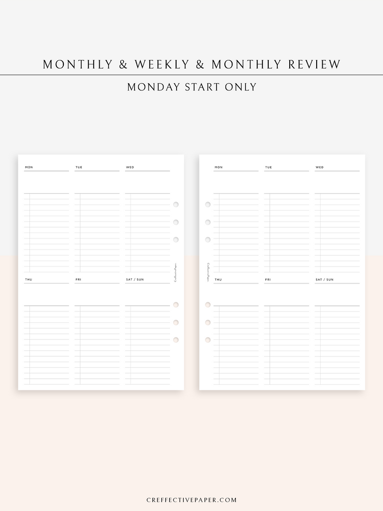 W118 | Monthly+Weekly+Review Total Planner Inserts Template, Monday St ...