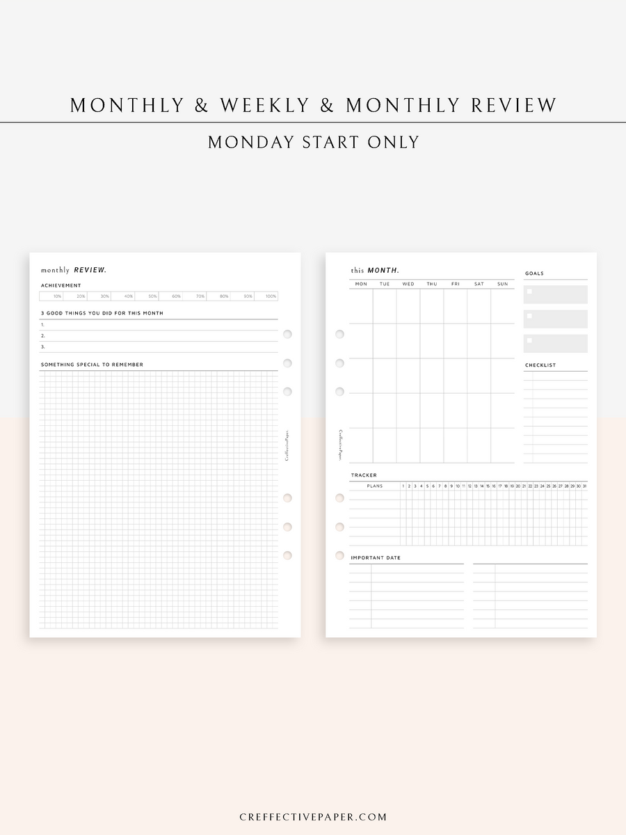W118 | Monthly+Weekly+Review Total Planner Inserts Template, Monday St – CreffectivePaper