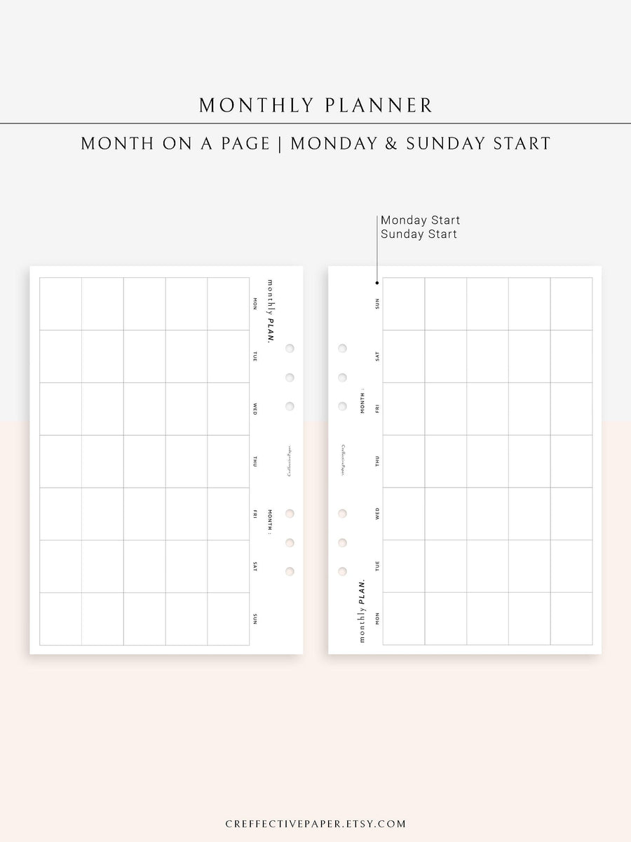 M111 | Horizontal Monthly Planner Printable Inserts, Month on a Page ...