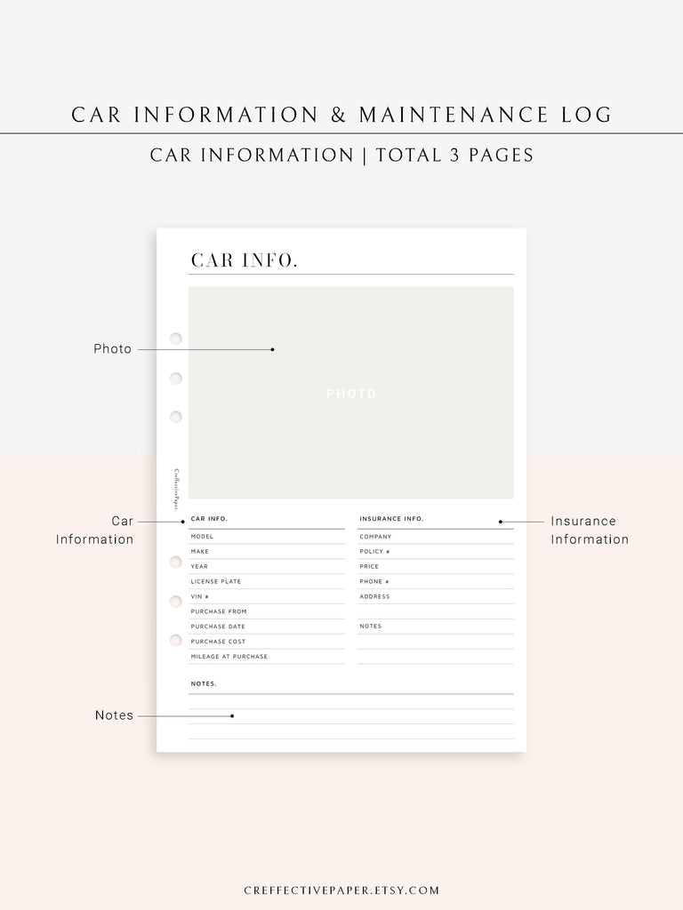 N111 | Vehicle Maintenance Log Printable, Car Repair Tracker Template – CreffectivePaper
