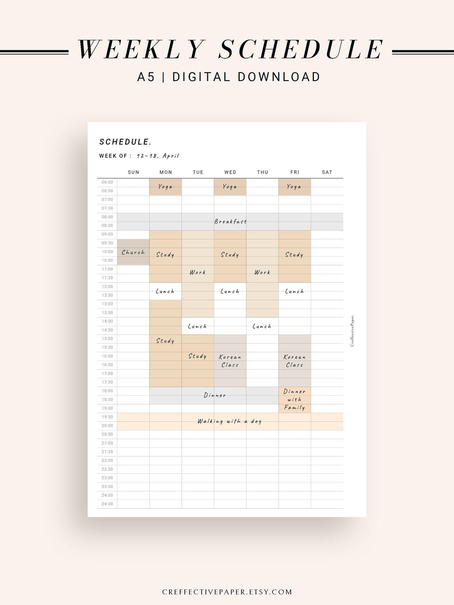 W106 | Weekly Schedule Planner Inserts, Time Table Template Printable ...