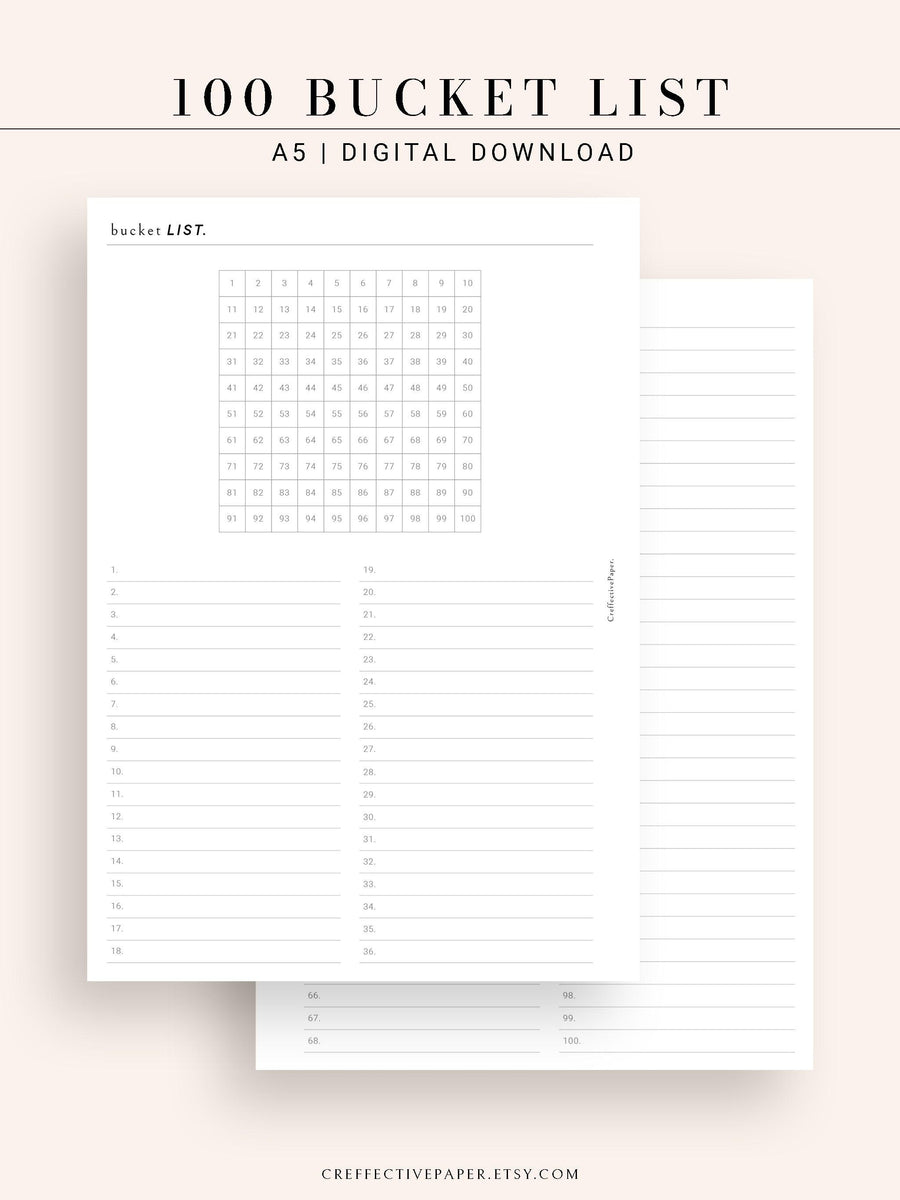 T102 | 100 Bucket List & Dream Log Template – CreffectivePaper