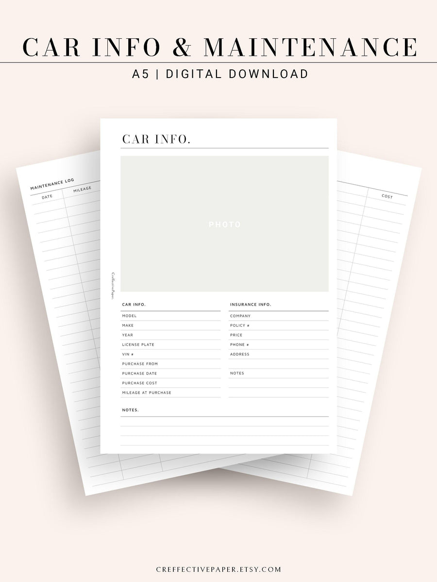 N111 | Vehicle Maintenance Log Printable, Car Repair Tracker Template – CreffectivePaper