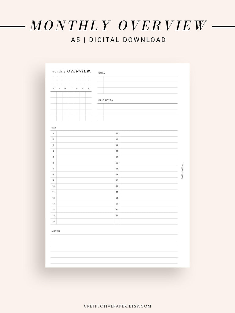 M108 | Monthly Overview, Month on a Page Printable Planner Inserts ...