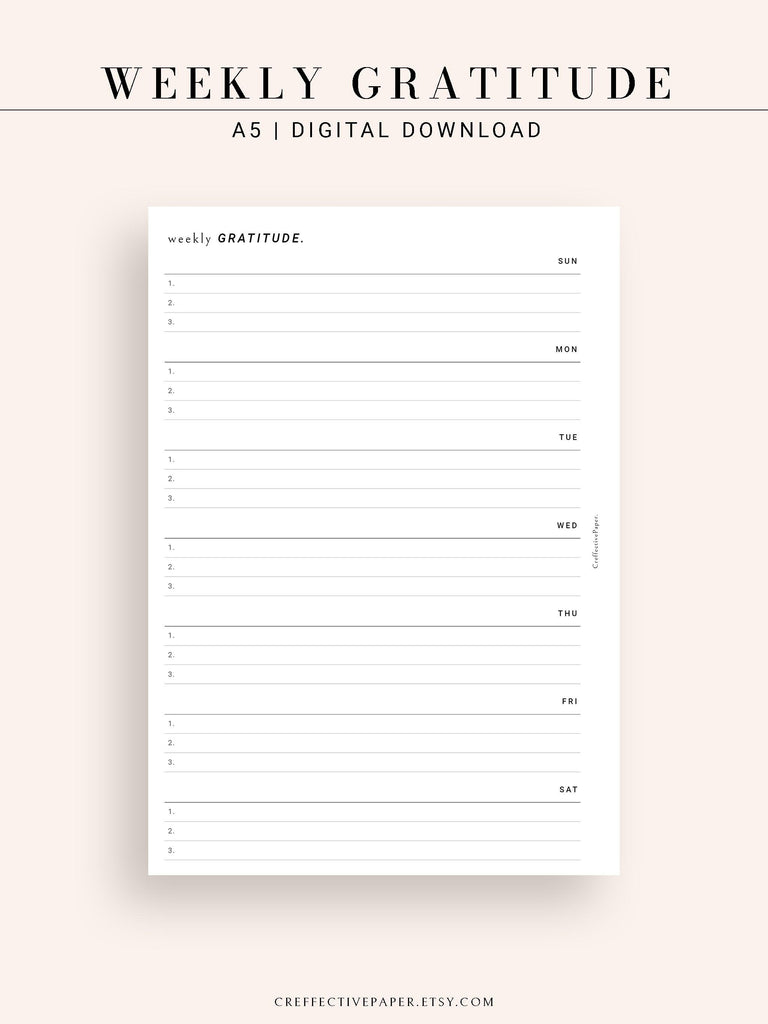 W103 | Minimal Weekly Gratitude Journal Printable Template Inserts ...