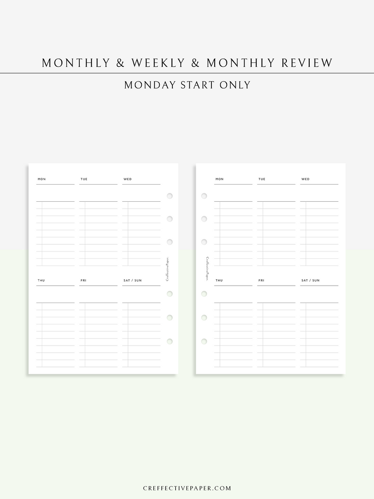 W118 | Monthly+Weekly+Review Total Planner Inserts Template, Monday St ...