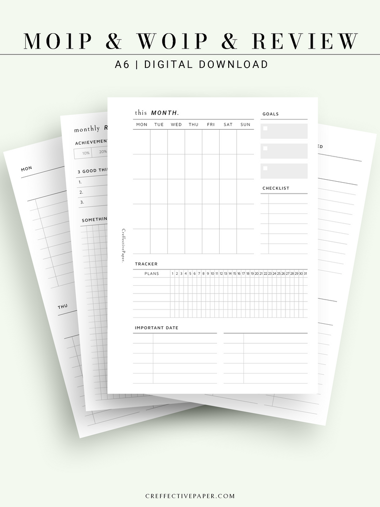 W118 | Monthly+Weekly+Review Total Planner Inserts Template, Monday St – CreffectivePaper