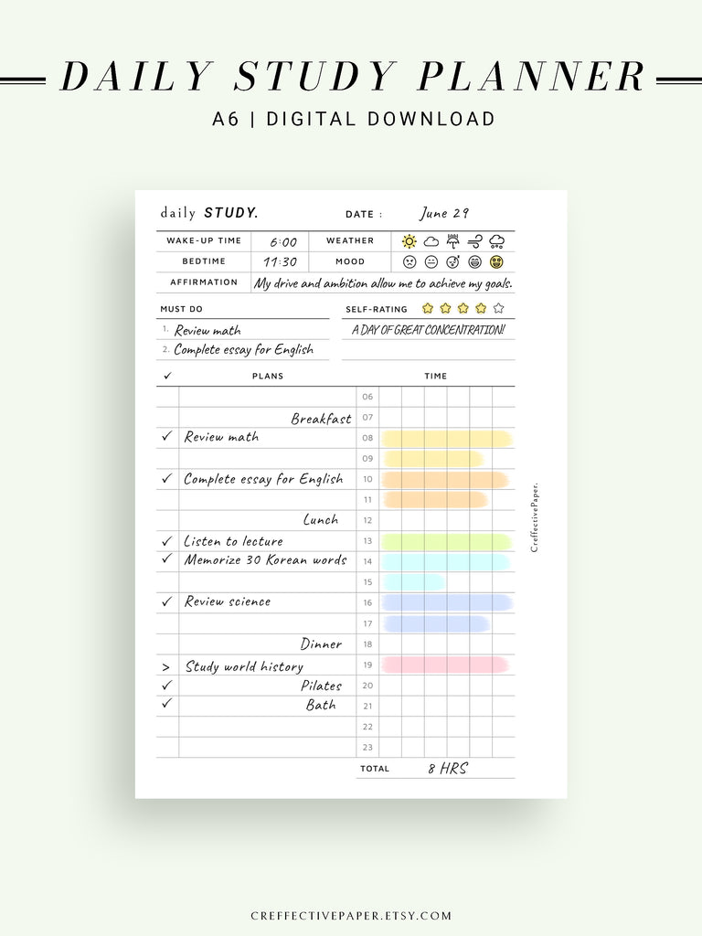 D108 | Daily Study Planner Inserts Printable Template – CreffectivePaper