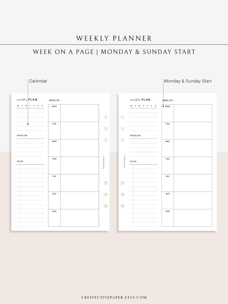 W108 | Week on a Page, Weekly Planner Printable Inserts Template ...