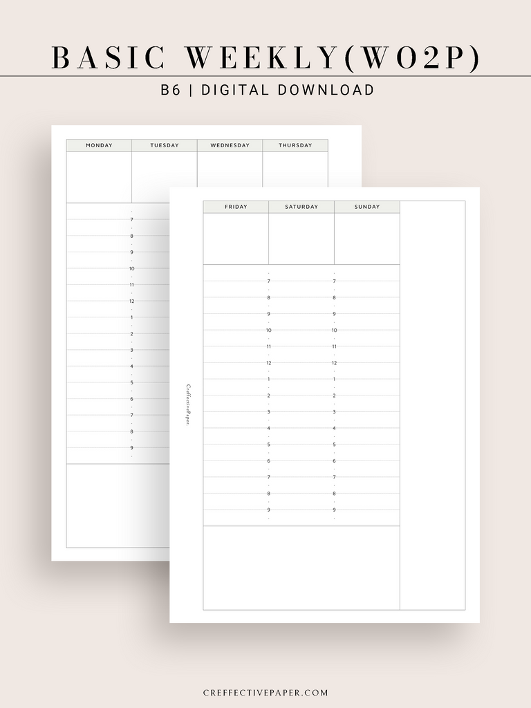W120 | Basic Weekly Schedule Planner, Week on Two Pages – CreffectivePaper