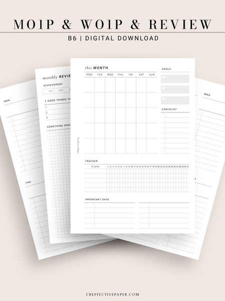 W118 | Monthly+Weekly+Review Total Planner Inserts Template, Monday St – CreffectivePaper