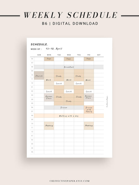 W106 | Weekly Schedule Planner Inserts, Time Table Template Printable ...