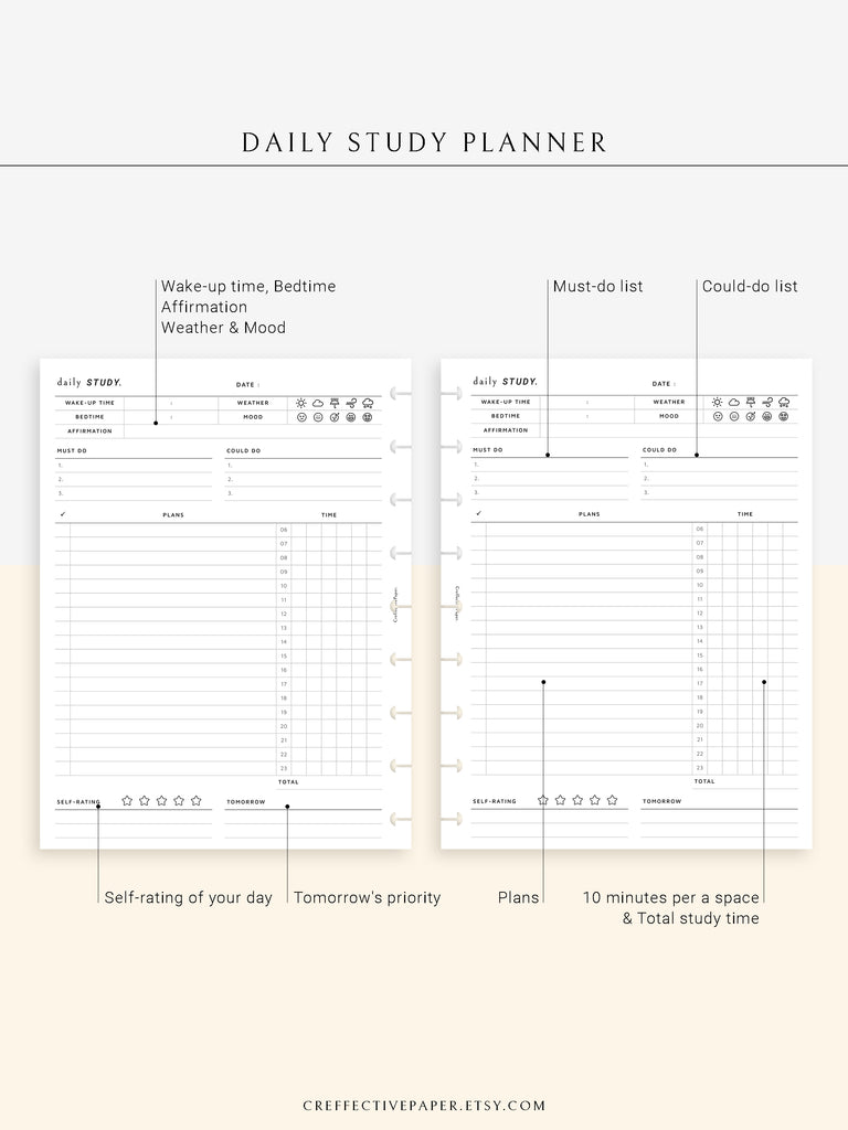 D108 | Daily Study Planner Inserts Printable Template – CreffectivePaper