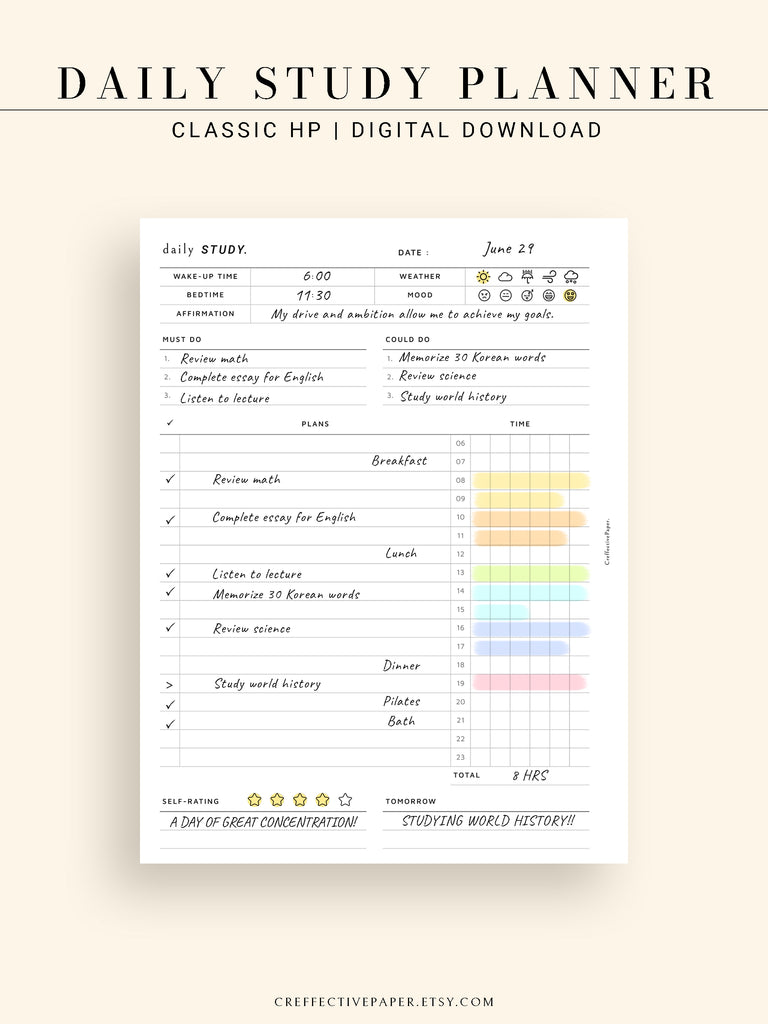 D108 | Daily Study Planner Inserts Printable Template – CreffectivePaper