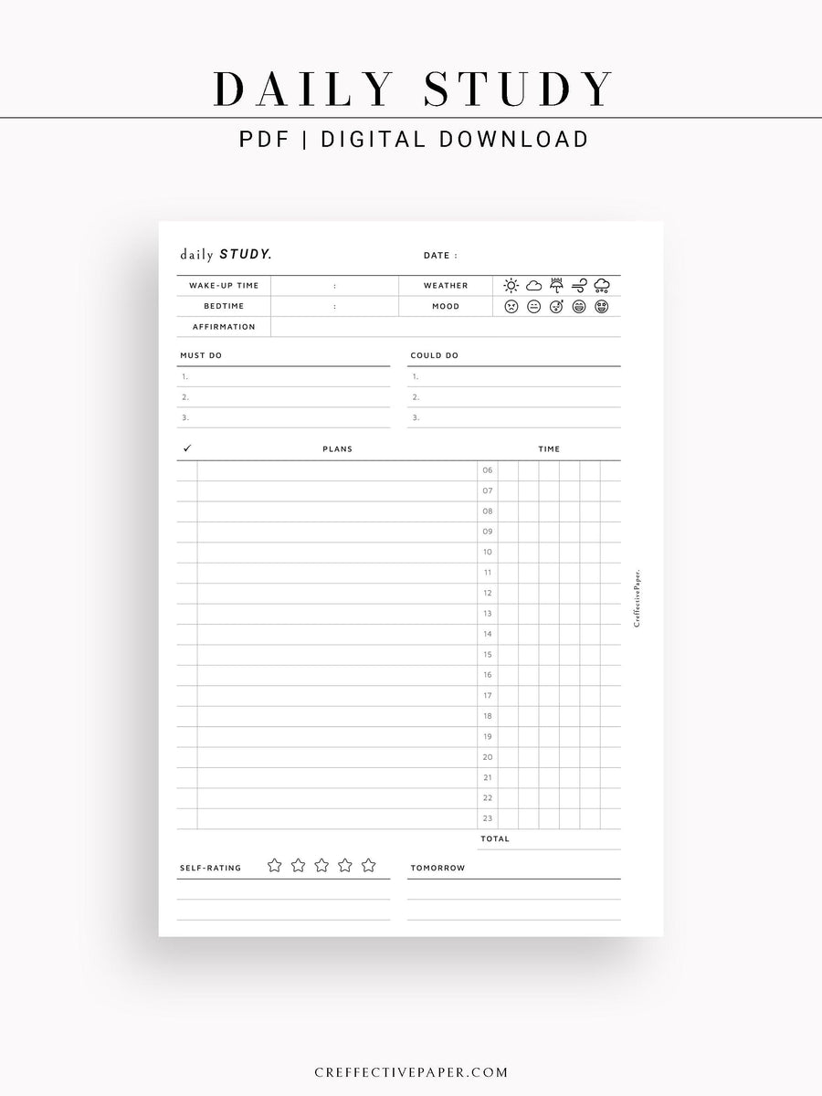 D108 | Daily Study Planner Inserts Printable Template – CreffectivePaper