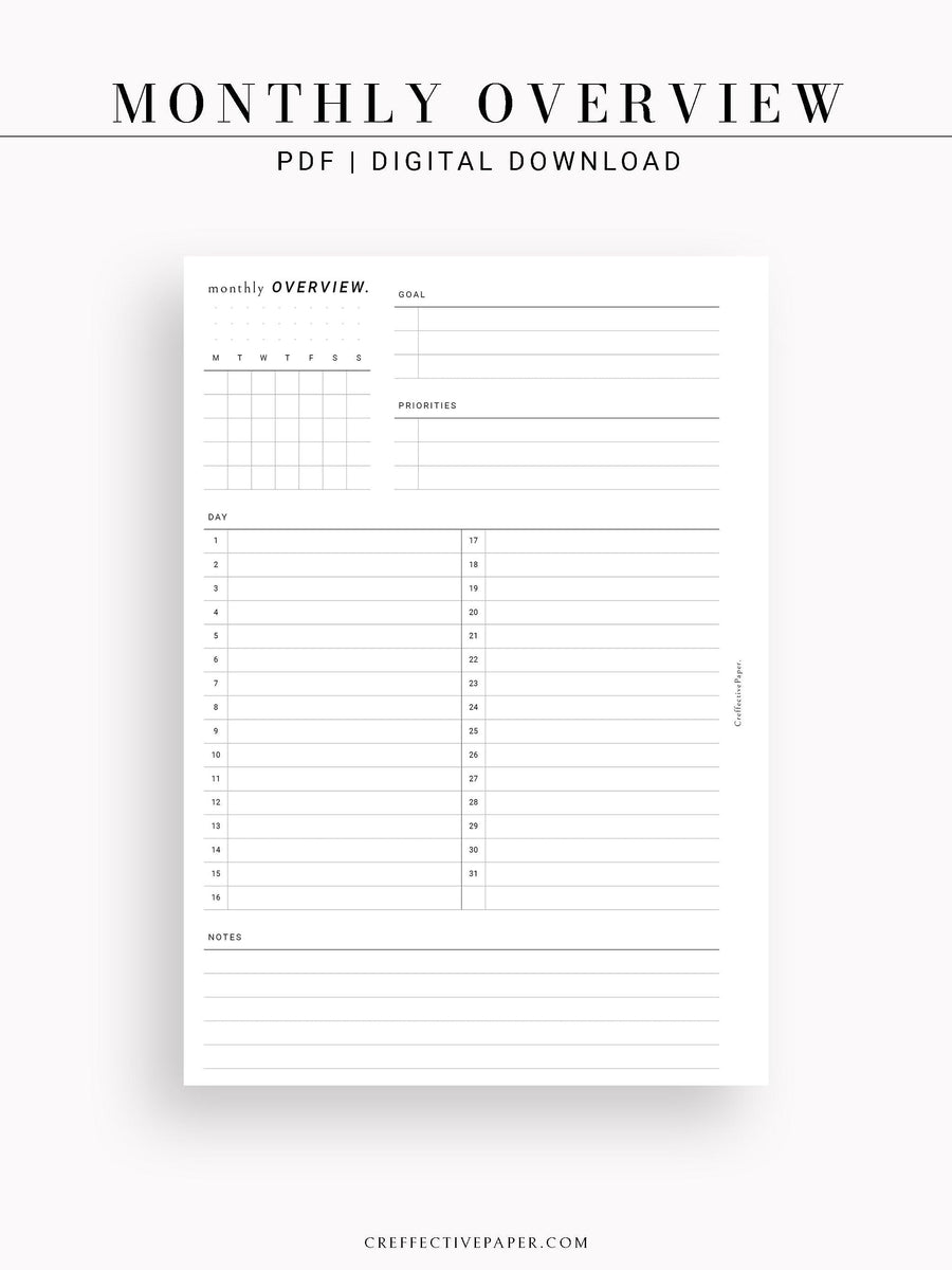 M108 | Monthly Overview, Month on a Page Printable Planner Inserts ...