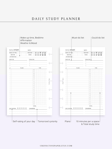 D108 | Daily Study Planner Inserts Printable Template – CreffectivePaper