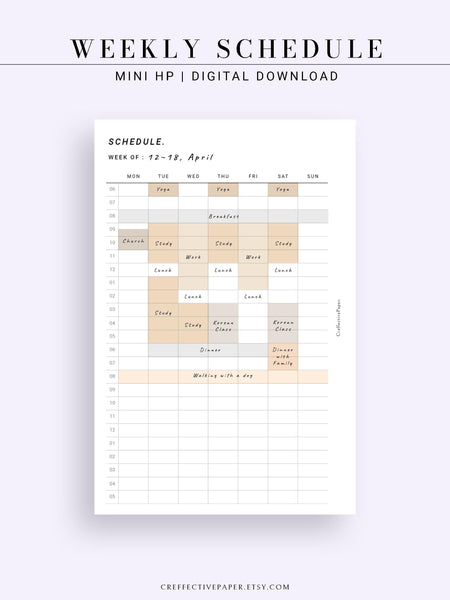 W106 | Weekly Schedule Planner Inserts, Time Table Template Printable ...