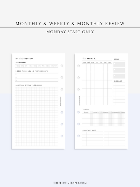 W118 | Monthly+Weekly+Review Total Planner Inserts Template, Monday St ...