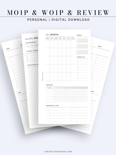 W118 | Monthly+Weekly+Review Total Planner Inserts Template, Monday St ...