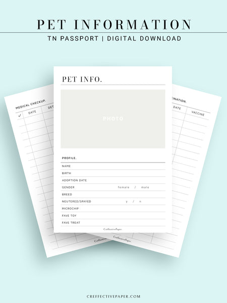 N110 | Printable Pet Information & Care Planner Template – CreffectivePaper