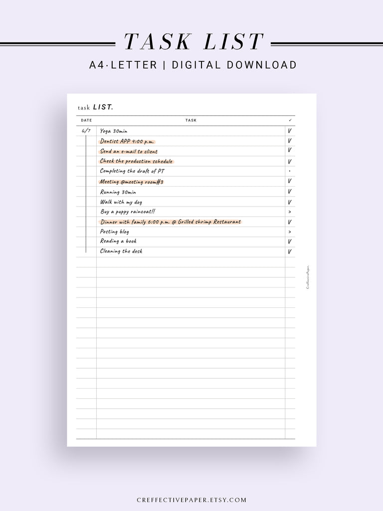 D103 | Daily Task List, To-do Organizer, Checklist – CreffectivePaper