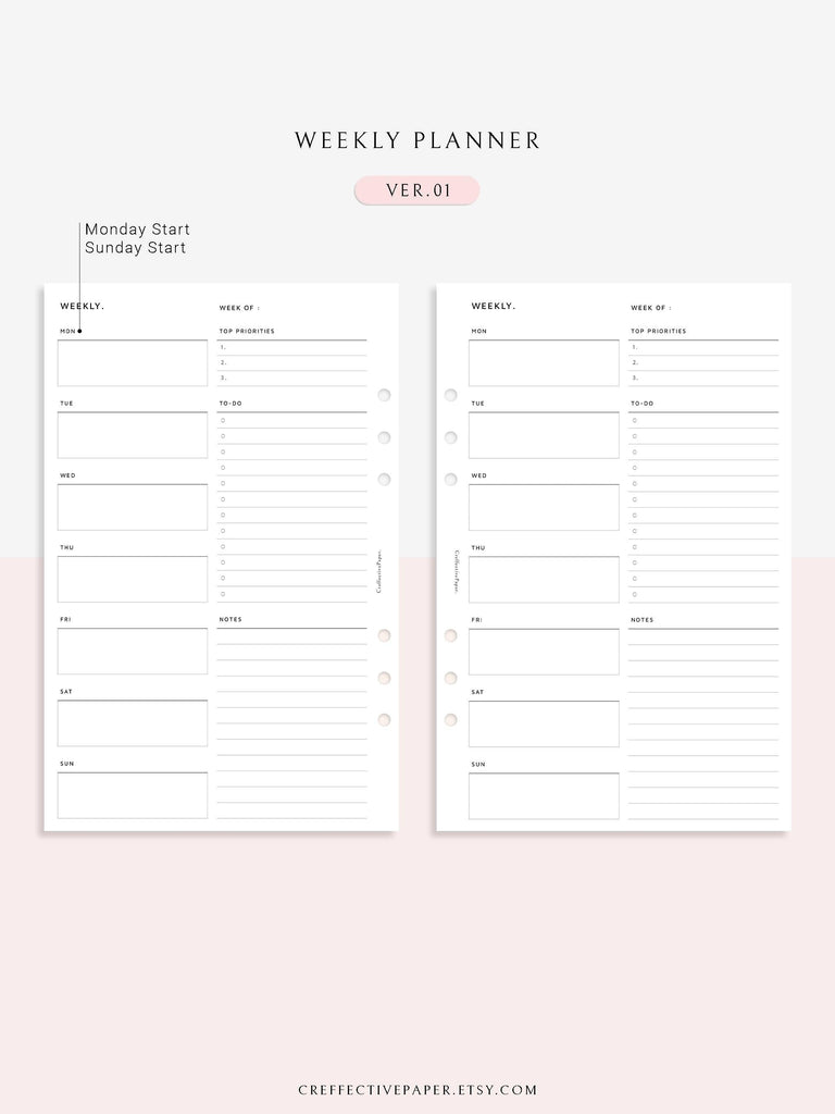 W101 | Week on a Page, Weekly Planner Printable Inserts Template ...