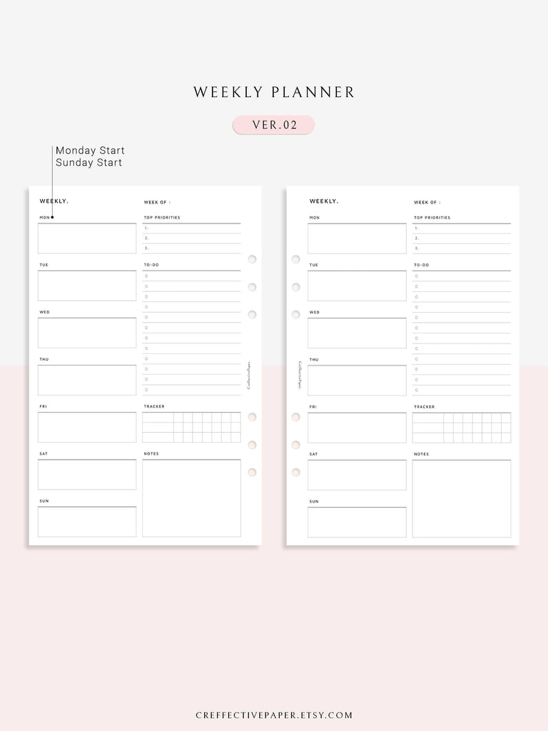 W101 | Week on a Page, Weekly Planner Printable Inserts Template ...