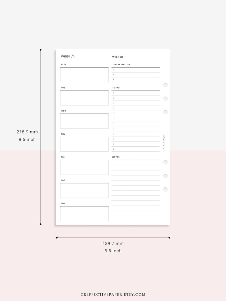 W101 | Week on a Page, Weekly Planner Printable Inserts Template ...