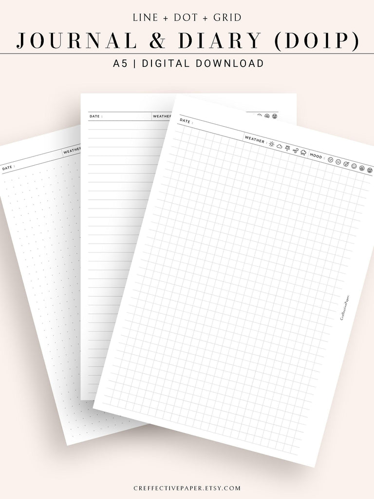 D112_DO1P | Daily Journal Diary Printable Pages, Line Dot Grid Notes ...