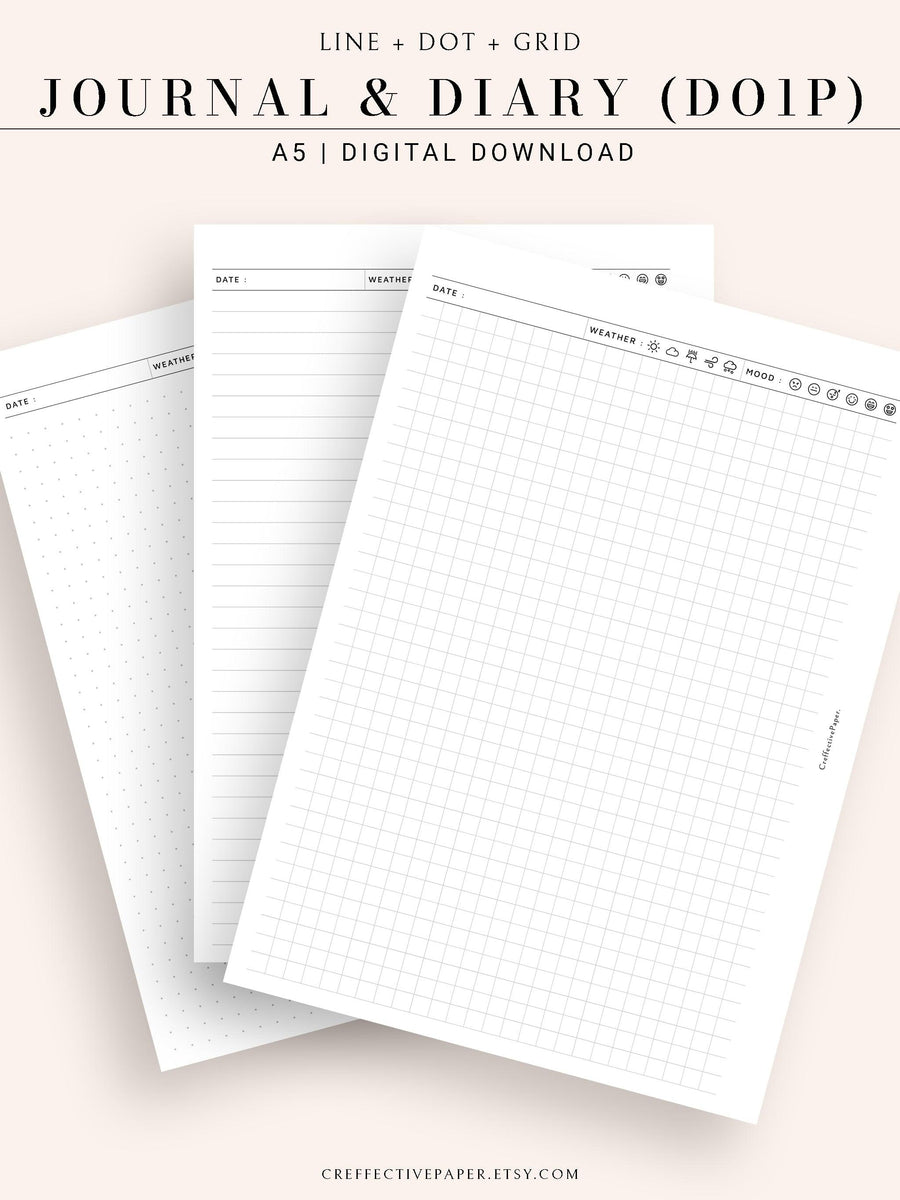 D112_DO1P | Daily Journal Diary Printable Pages, Line Dot Grid Notes ...