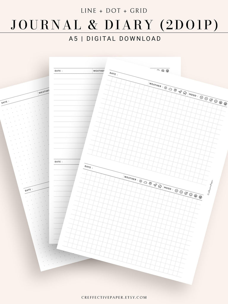 D112_2DO1P | Daily Journal Diary Printable Pages, Line Dot Grid Notes ...